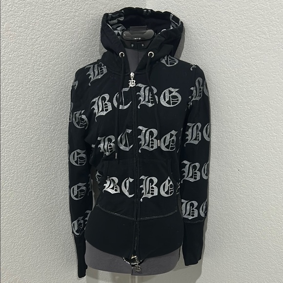 BCBGMaxAzria | Jackets & Coats | Bcbg Sparkly Silver Logo Black Jacket ...